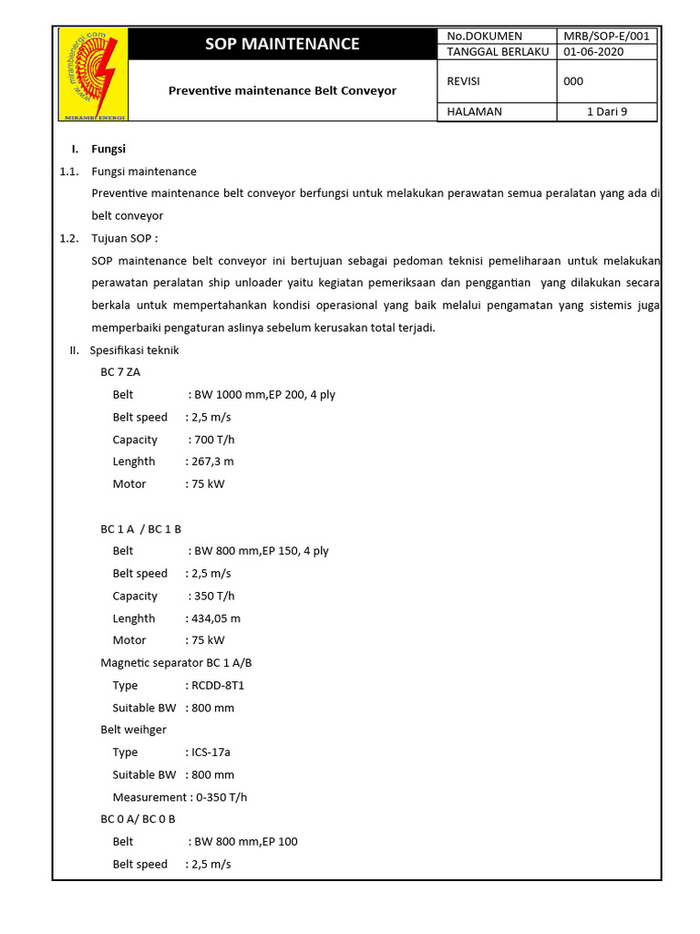 SOP Pemeliharaan Belt Conveyor | PDF | Griya & Taman | Teknologi & Rekayasa