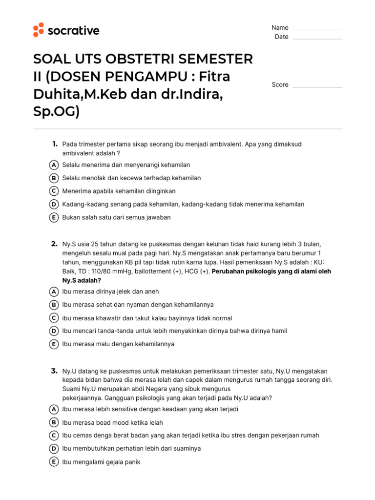 Quiz - Soal Uts Obstetri Semester II (Dosen Pengampu Fitra Duhitam - Keb Dan DR - Indira SP - Og ...
