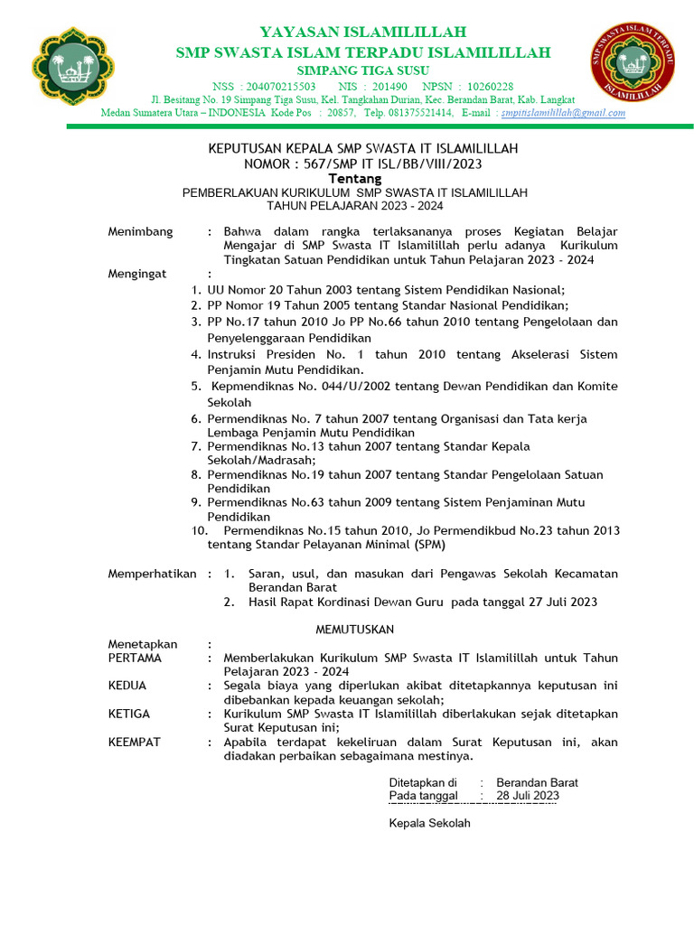 SK Pemberlakuan Kurikulum | PDF