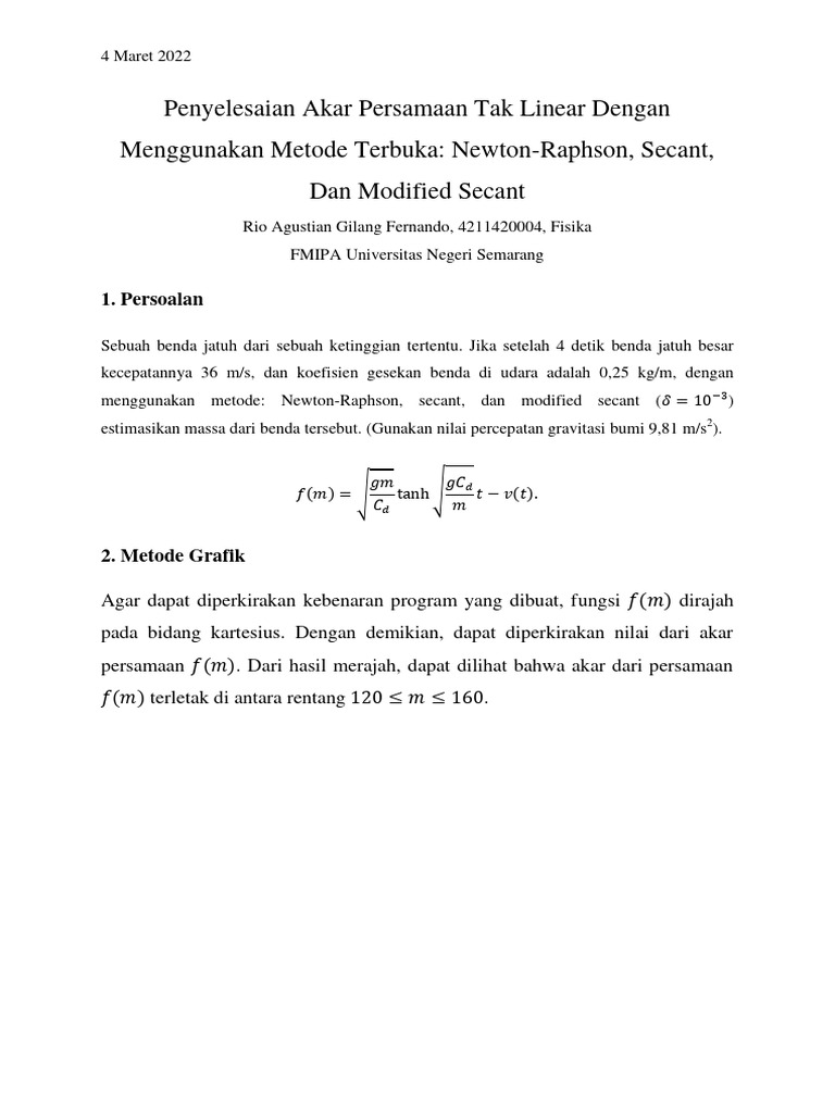 Penyelesaian Akar Persamaan Tak Linear Dengan Menggunakan Metode ...