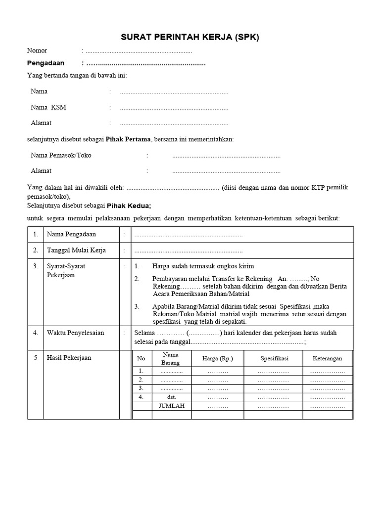 Surat Perintah Kerja (SPK) : Pengadaan: ...................................................... | PDF