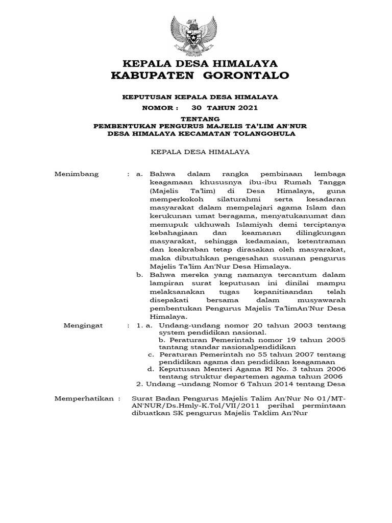 SK Pengurus Majelis Ta'lim An'Nur Himalaya | PDF