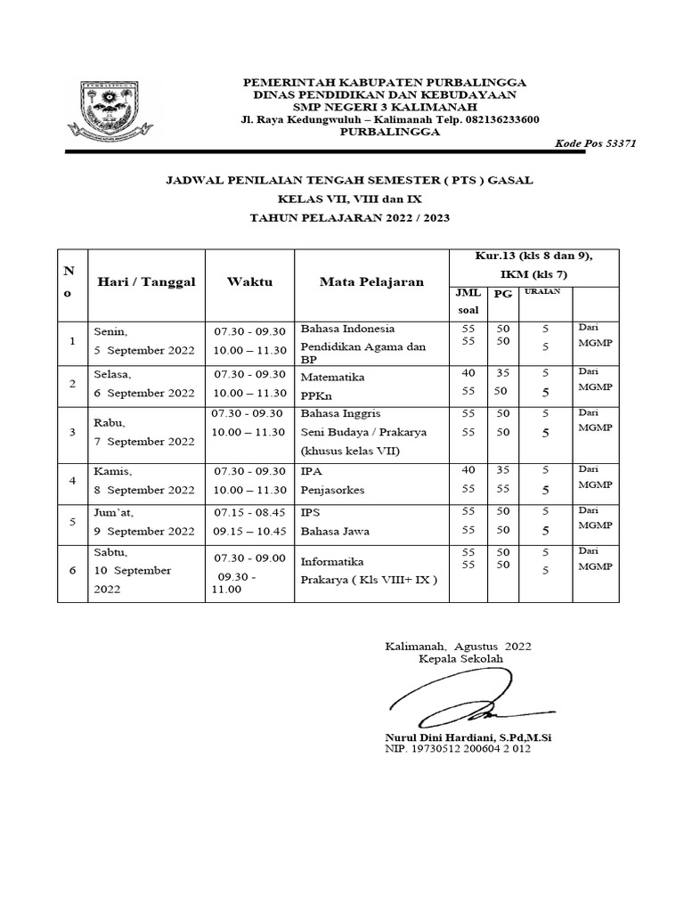 7.JADWAL PTS Gasal 2022 2023, Word | PDF