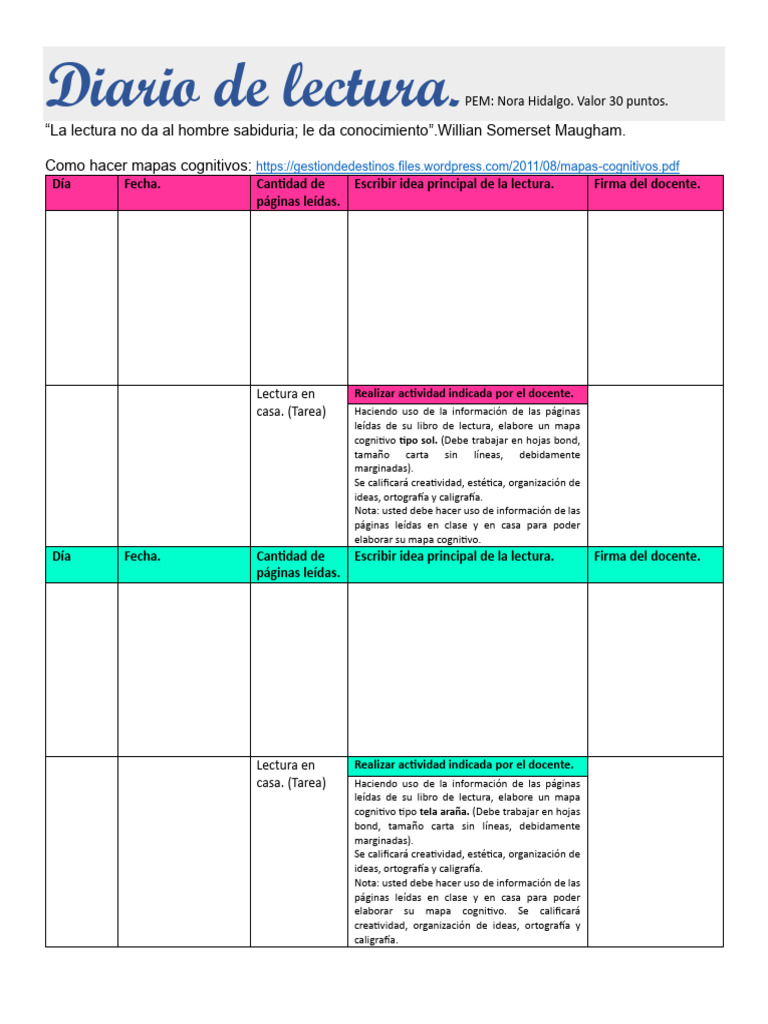 Diario de Lectura - Imprimir Sus Hojas y Presentarlo El Próximo Día de ...