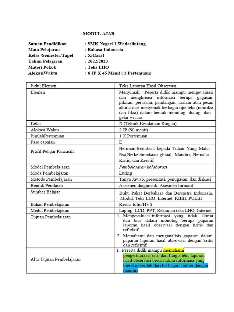 Modul Ajar Teks Laporan Hasil Observasi | PDF | Karier & Perkembangan | Sains & Matematika