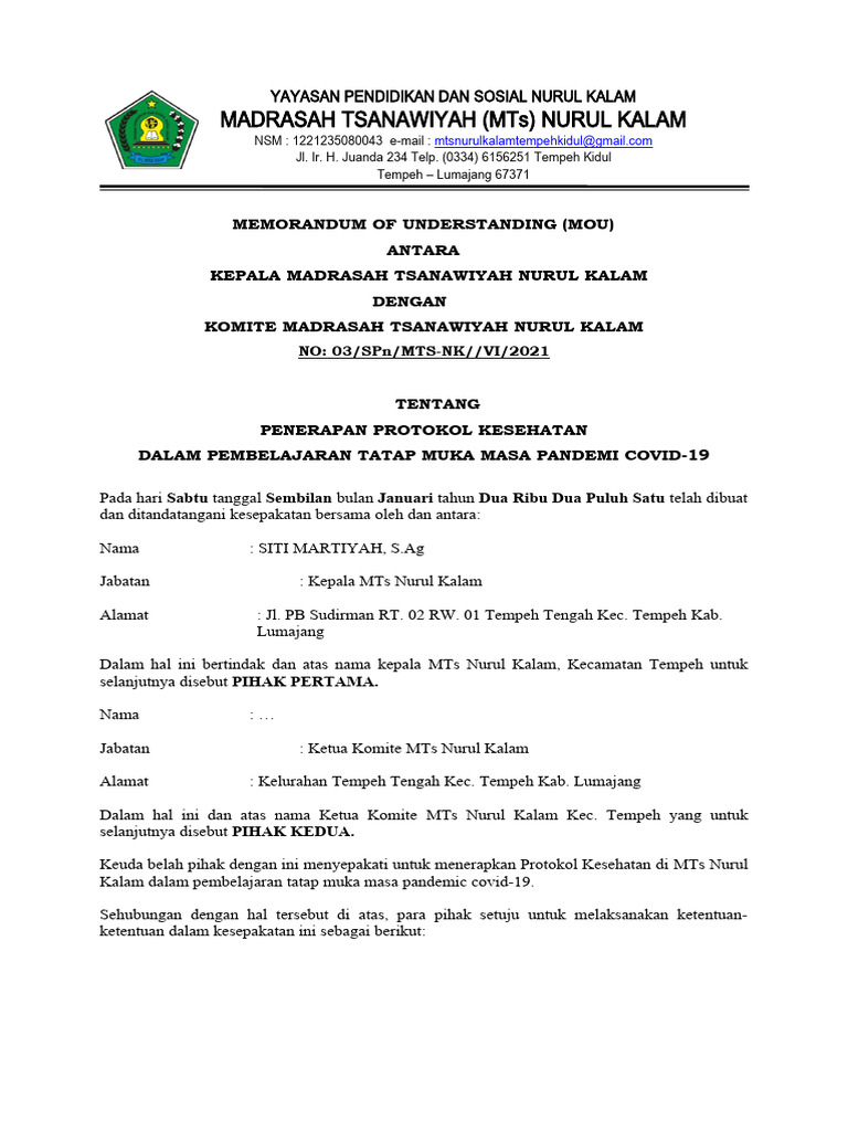 Mou Komite Dengan Madrasah | PDF