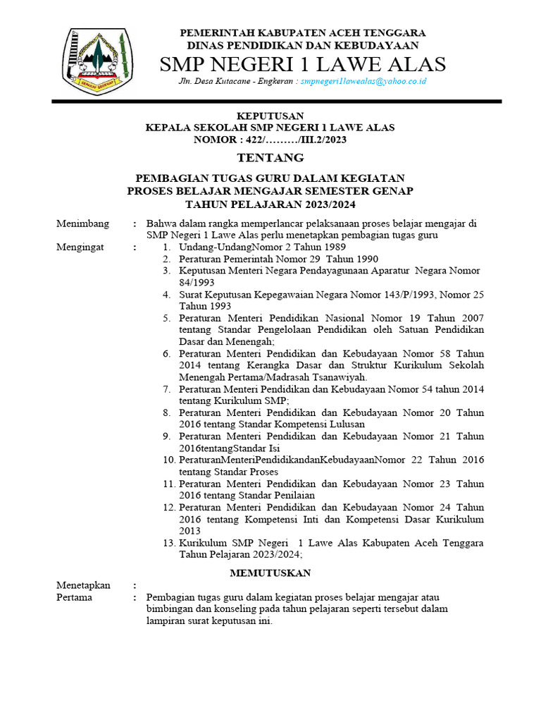 Pembagian Tugas Guru SMP 1 Lawe Alas 2023 | PDF