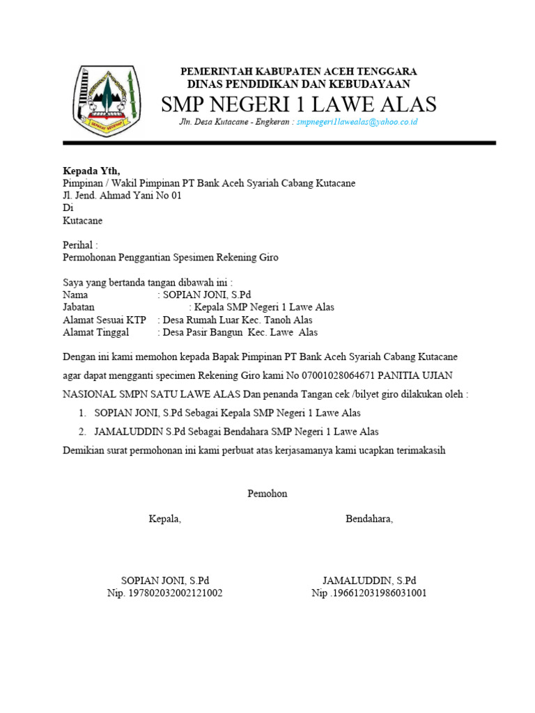 Permohonan Ganti Rekening Giro SMPN 1 Lawe Alas | PDF
