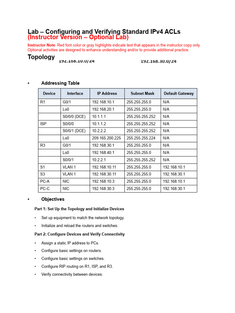 7.2.2.6 Lab - Configuring and Modifying Standard IPv4 ACLs - ILM | PDF