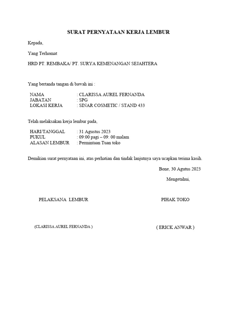 Surat Pernyataan Kerja Lembur | PDF