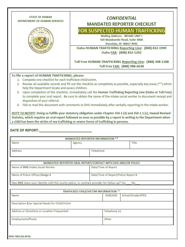 Mandated Reporter Checklist For Suspected Human Trafficking | Download ...