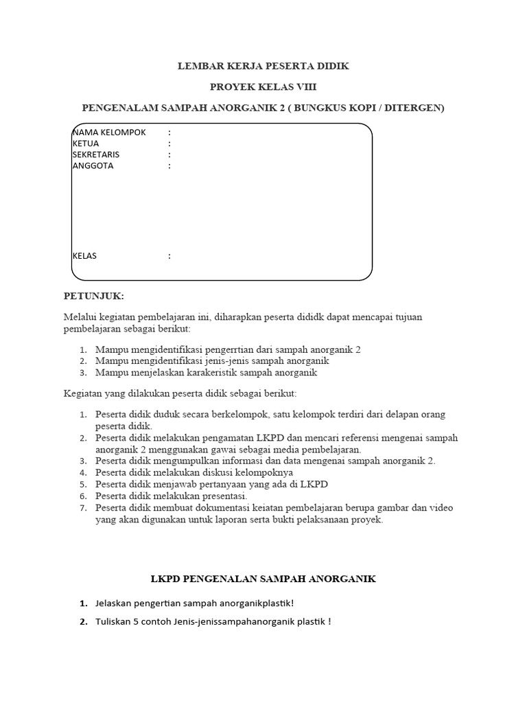 LKPD 84 Sampah Anorganik 2 P5 | PDF LKPD 84 Sampah Anorganik 2 P5 | PDF