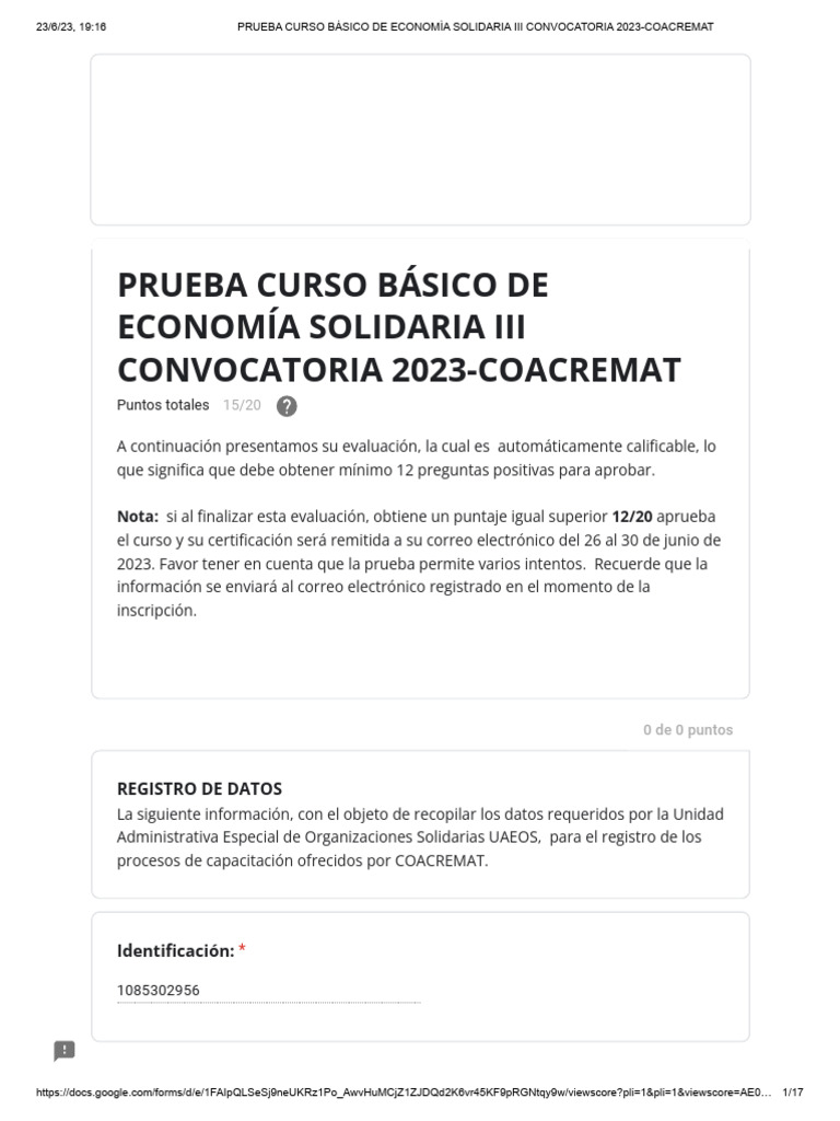 Prueba Curso Básico de Economía Solidaria III Convocatoria 2023-Coacremat | PDF | Cooperativa ...