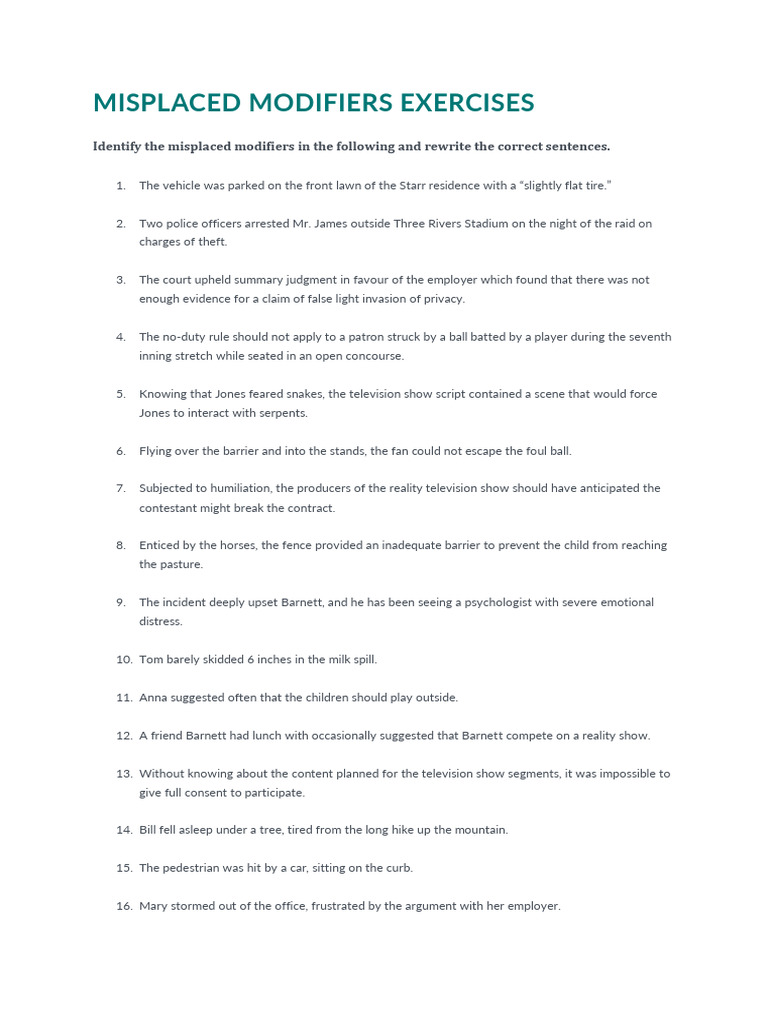 Misplaced Modifiers Exercises and Solutions | PDF | Art | Young Adult