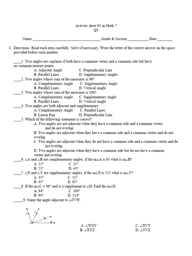 Math 7 Q3 Activity Sheet 1 | PDF | Angle | Euclidean Geometry