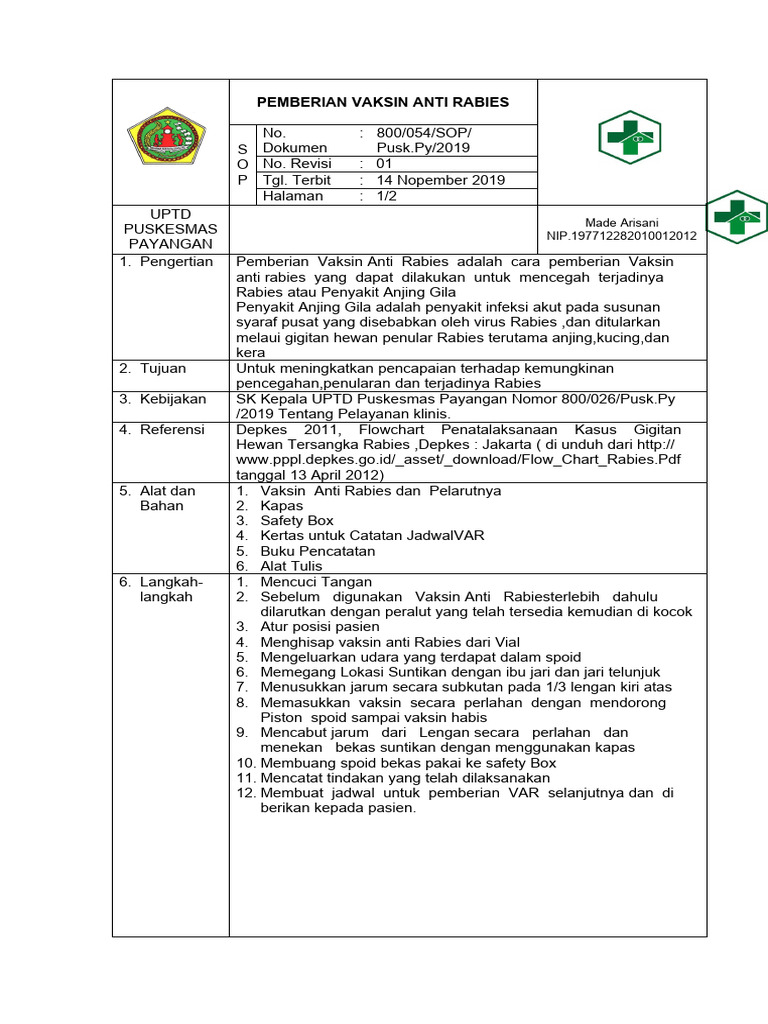 Sop Pemberian Vaksin Anti Rabies | PDF
