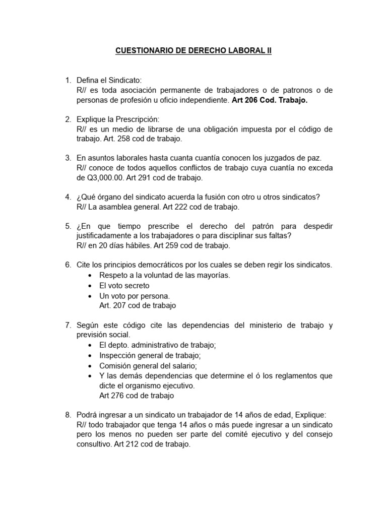 Cuestionario de Derecho Laboral Ii | PDF