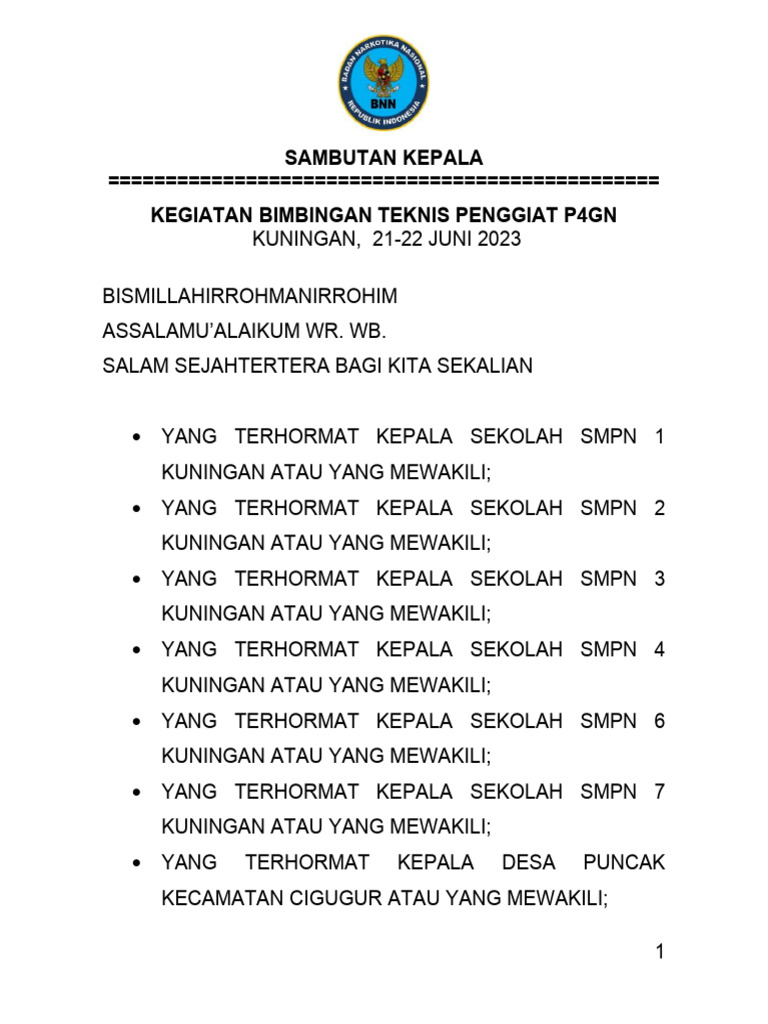 Sambutan Kepala - Bimtek P4GN - 21-22 Juni 2023 | PDF