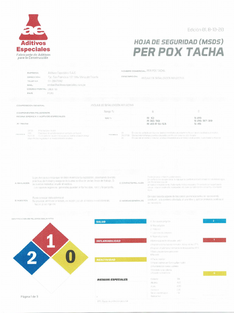 Hoja MSDS Pegamento Perpox ADITIVOSESPECIALES | PDF