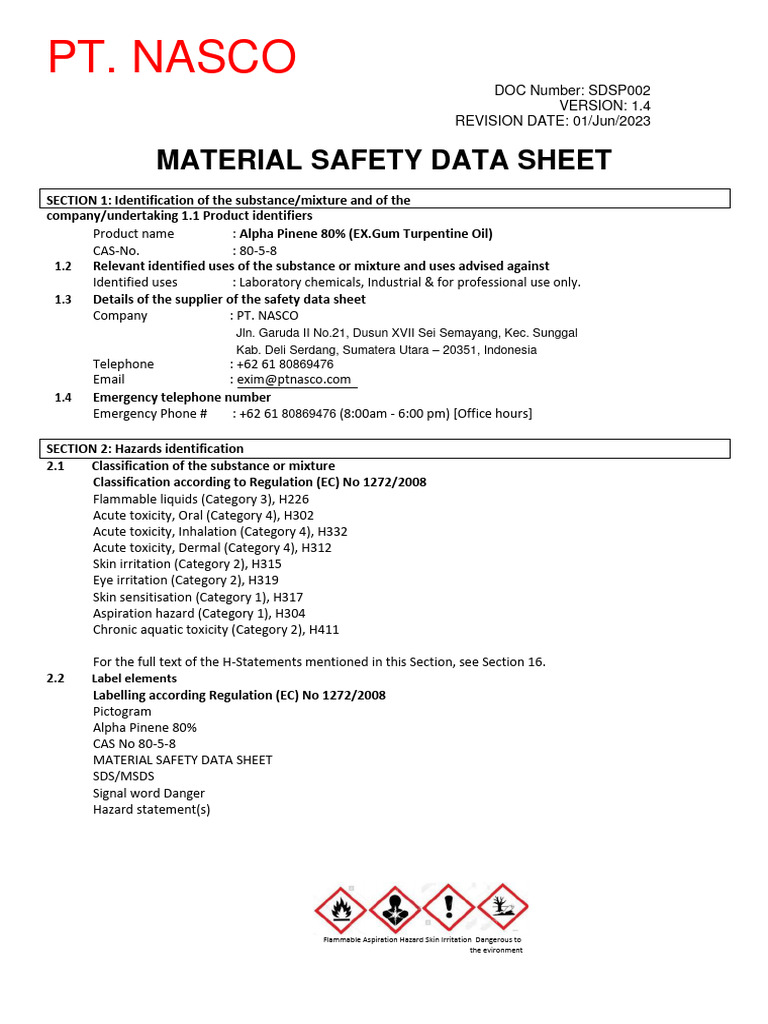 MSDS Turpentine | Download Free PDF | Toxicity | Environmental Science