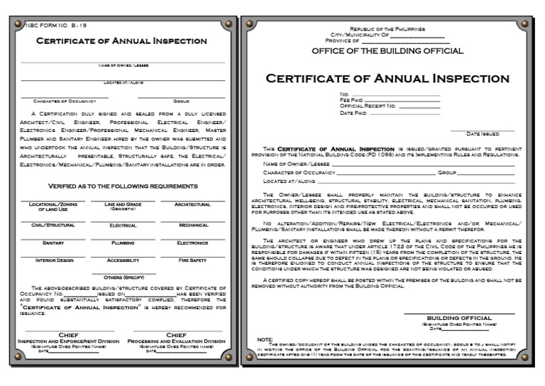 Certificate of Annual Inspection | PDF | Engineer | Plumbing