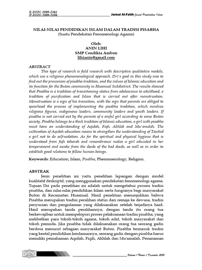 Nilai-Nilai Pendidikan Islam Dalam Tradisi Pisabha: E-ISSN: 2809-2341 P-ISSN: 2809-2104 | PDF ...