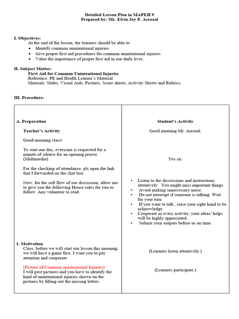 Detailed Lesson Plan For MAPEH 9 | PDF | First Aid | Learning