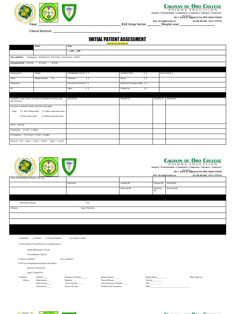 Initial Patient Assessment | PDF | Urinary Incontinence | Constipation