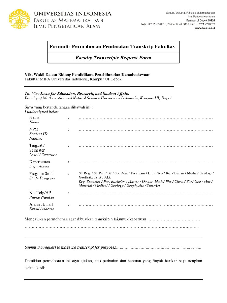 Formulir Permohonan Transkrip Nilai Faculty Transcripts Request Form 1 | PDF
