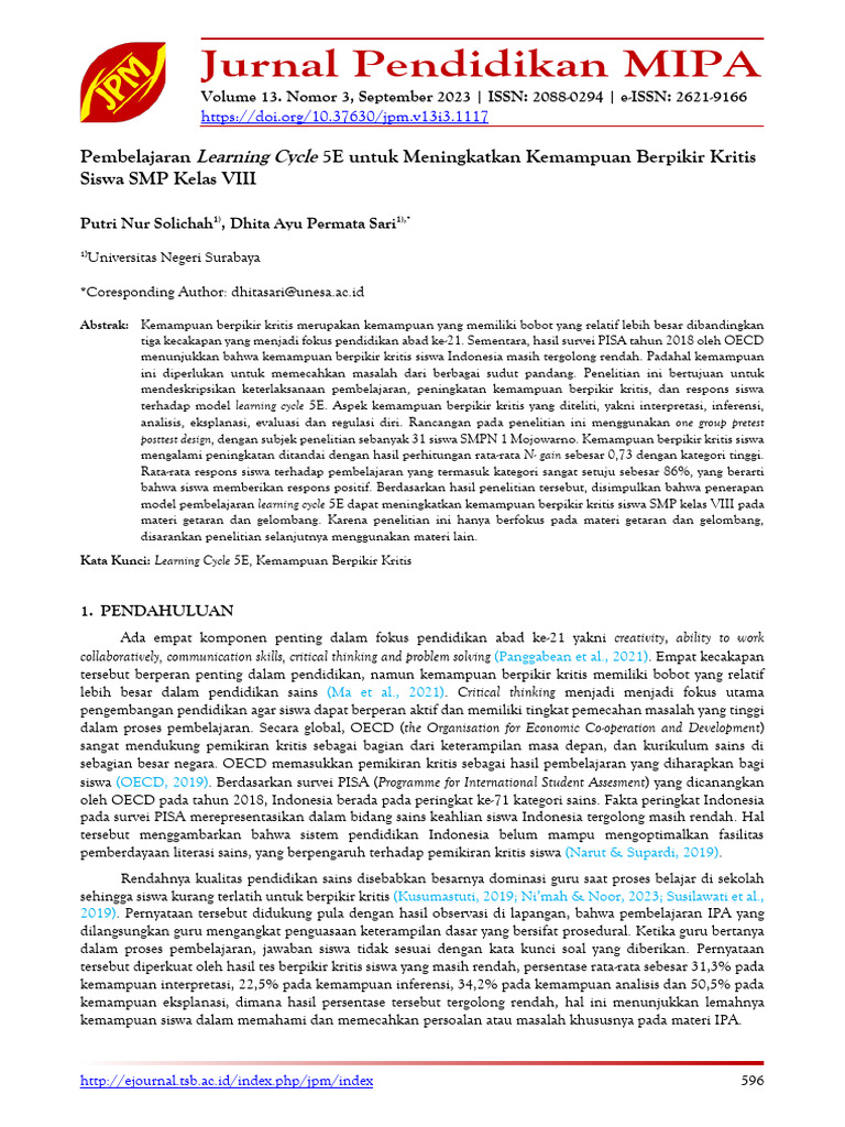 Pembelajaran Learning Cycle 5E Untuk Meningkatkan Kemampuan Berpikir Kritis Siswa SMP Kelas VIII ...