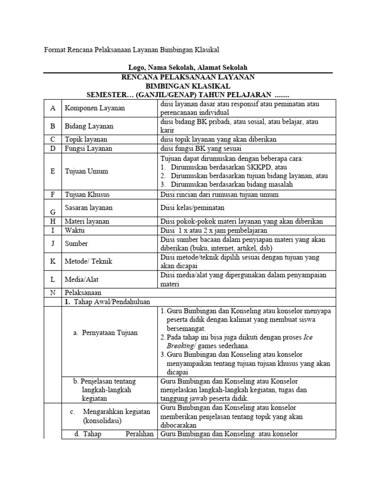 Format Rencana Pelaksanaan Layanan Bimbingan Klasikal | PDF