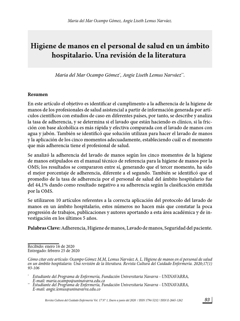 Higiene de Manos en El Personal de Salud en Un Ámbito Hospitalario. Una Revisión de La ...