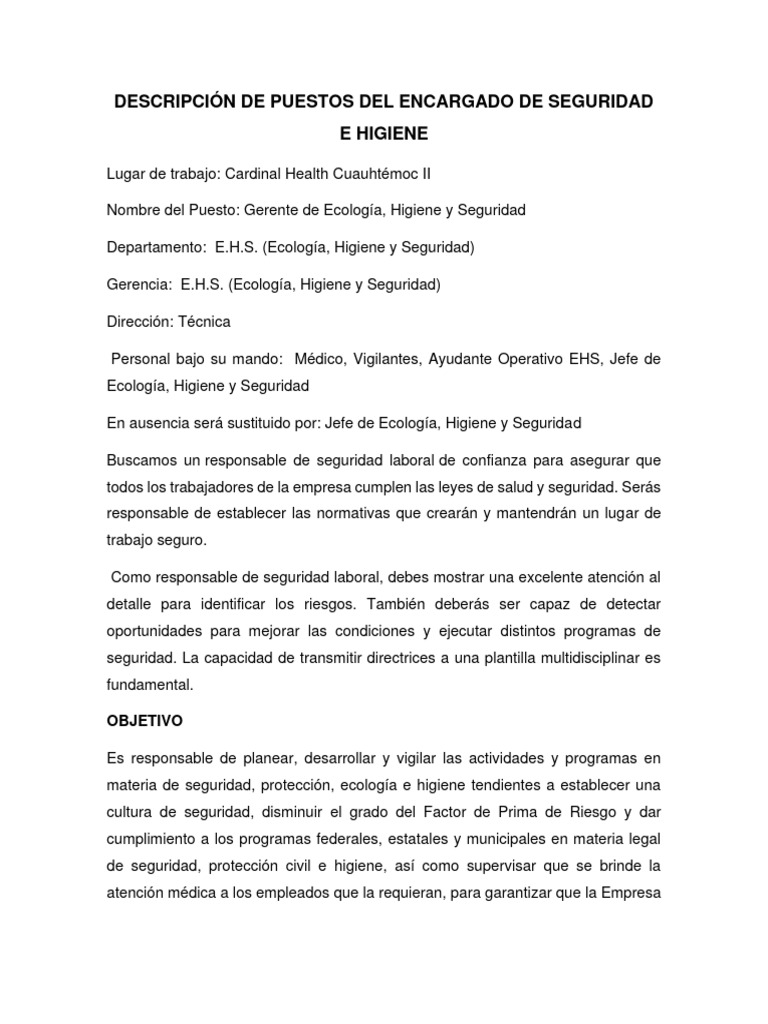 Descripción de Puestos Del Encargado de Seguridad e Higiene | PDF