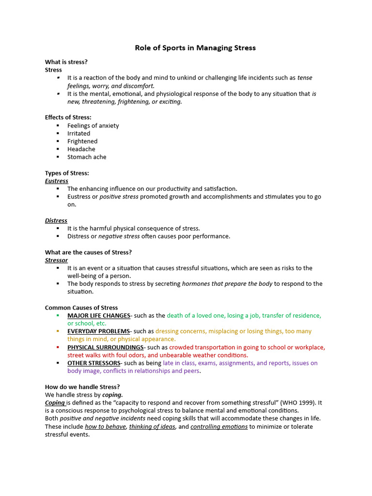 Role of Sports in Managing Stress | PDF | Stress (Biology) | Psychology