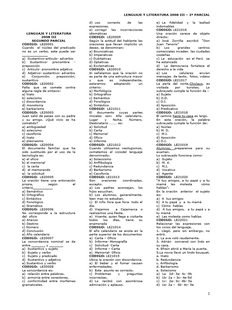 Lenguaje 2008-III Segundo Parcial | PDF | Oración (Lingüística ...