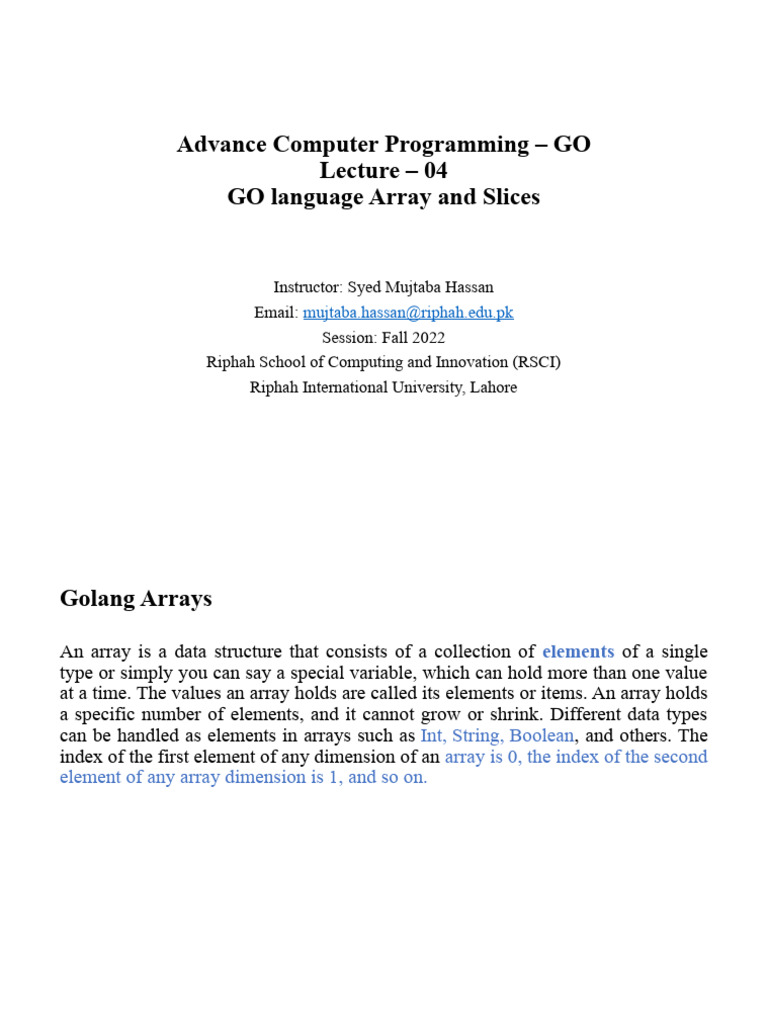 Acp Lecture 04 Array And Slices Pdf String Computer Science Mathematical Logic 9255