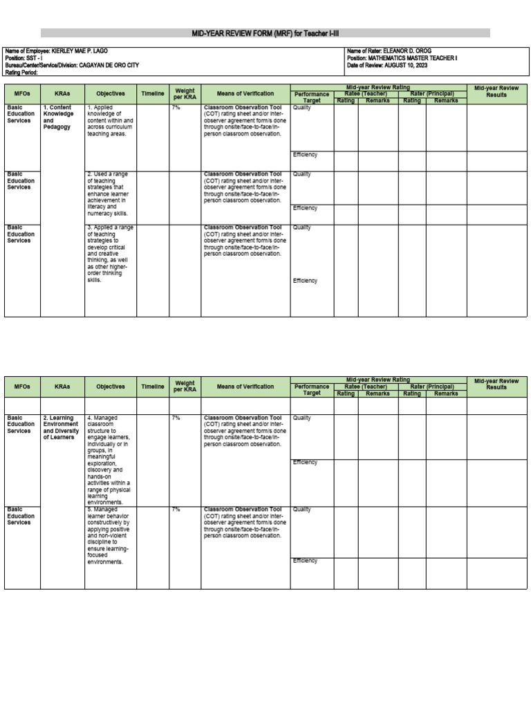Midyear Review Form - MRF - T1 3 | PDF