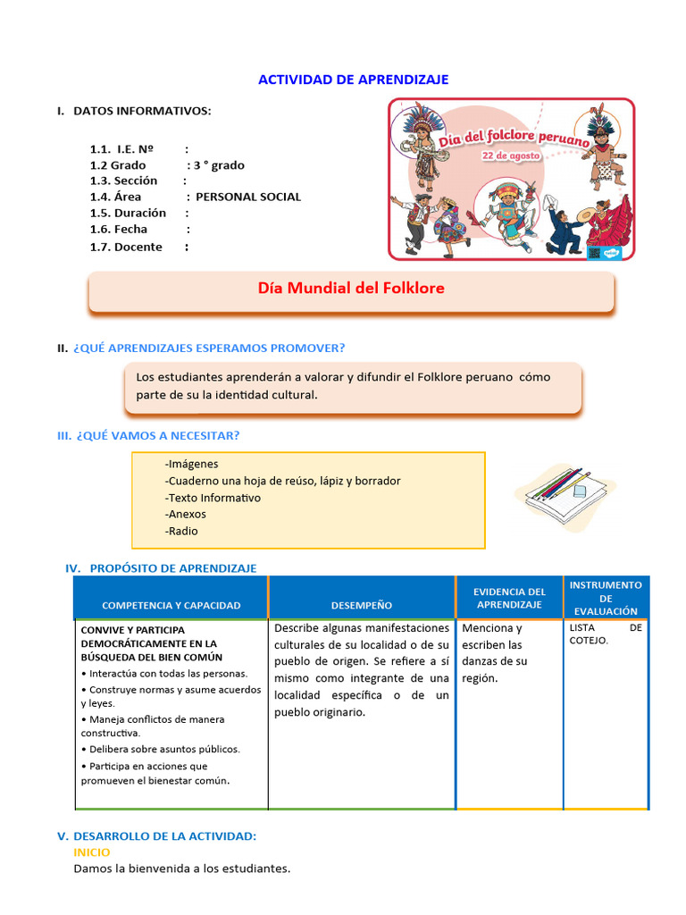 D1 A2 SESION PS. Día Mundial Del Folklore | PDF | Folklore | Evaluación D1 A2 SESION PS. Día Mundial Del Folklore | PDF | Folklore | Evaluación