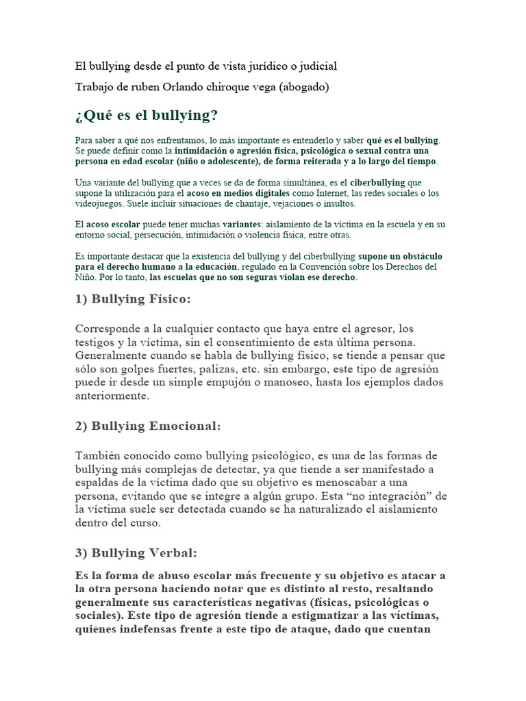 El Bullying Desde El Punto de Vista Jurídico o Judicial Area Comunicacion Tema El Panel | PDF ...
