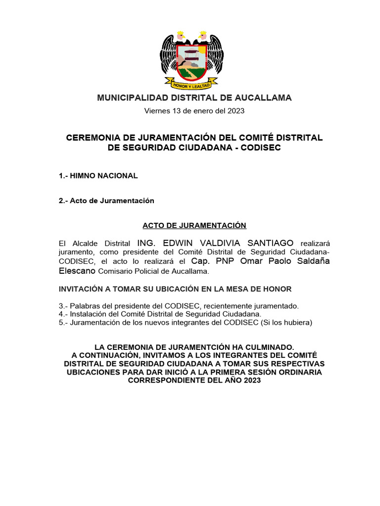 Ceremonia Juramentacion DEL CODISEC | PDF | Hogar, jardinería y bricolaje