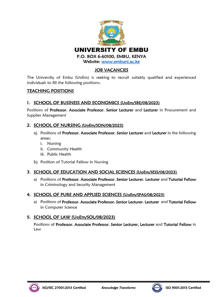 Teaching Positions August Advert-3 | PDF | Academic Degree | Lecturer
