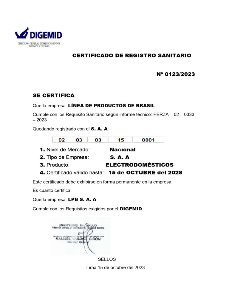 Certificado de Registro Sanitario 2 | PDF
