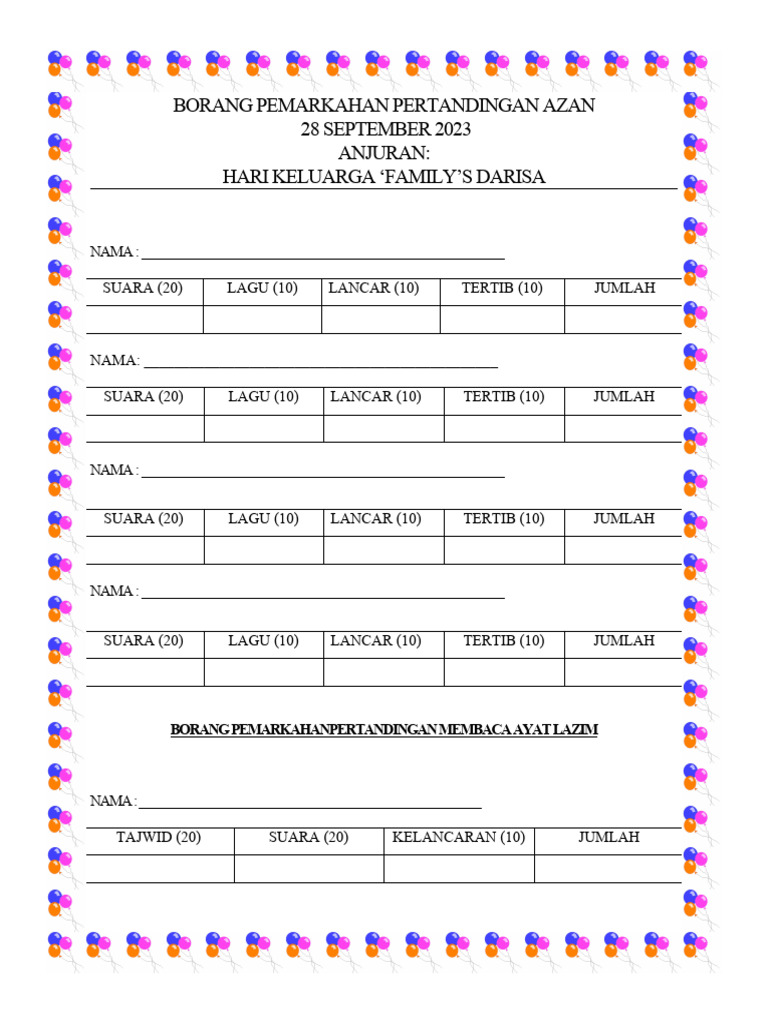 PDF Borang Pemarkahan Pertandingan Azan | PDF