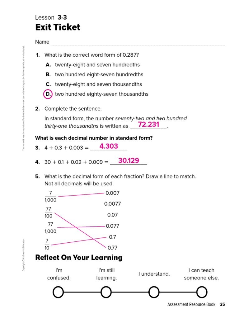 5-03-03 Printable Exit Ticket Answers - Read and Write Decimals | PDF ...