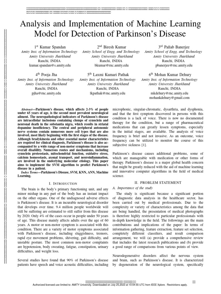 AUJ Analysis and Implementation of Machine Learning Model For Detection of Parkinsons Disease ...