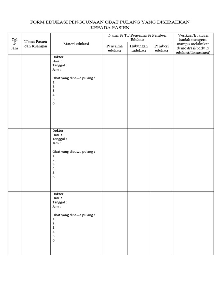 FORM EDUKASI PENGGUNAAN OBAT PULANG (Ranap) | PDF
