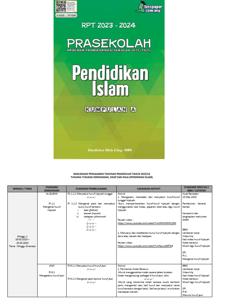 RPT Prasekolah 2023 - Pendidikan Islam Kumpulan A 01 | PDF