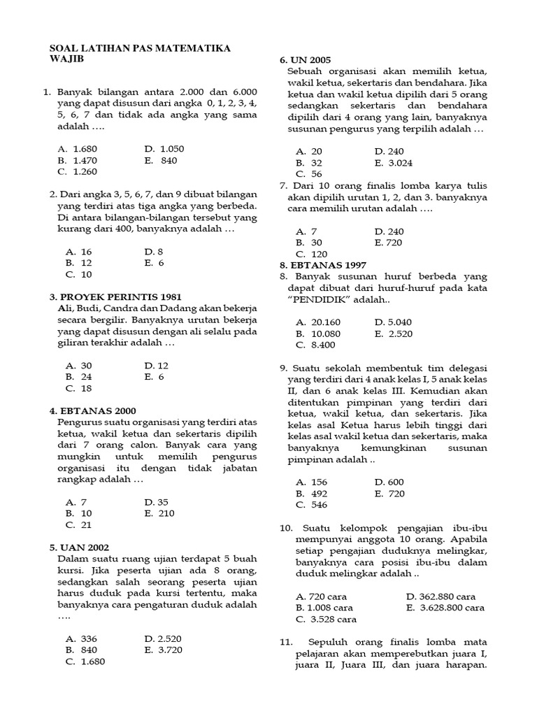 Soal Latihan Pas Matematika Wajib 2023 | PDF
