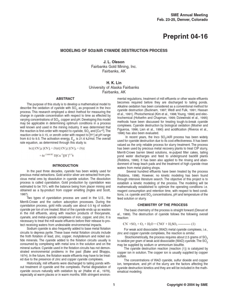 Modeling of SO2-Aire Cyanide Destruction Process | PDF