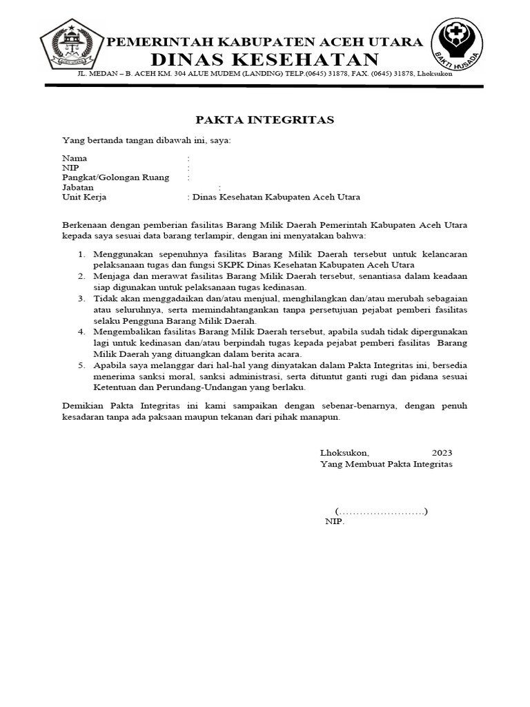 Surat Pernyataan Pakta Integritas 2023 | PDF